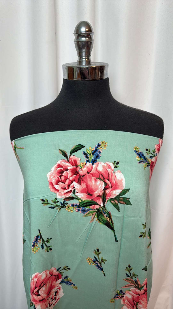 Mint/Pink Floral - Rayon Challis - 2 Yard Cut – Amandasbundles.com